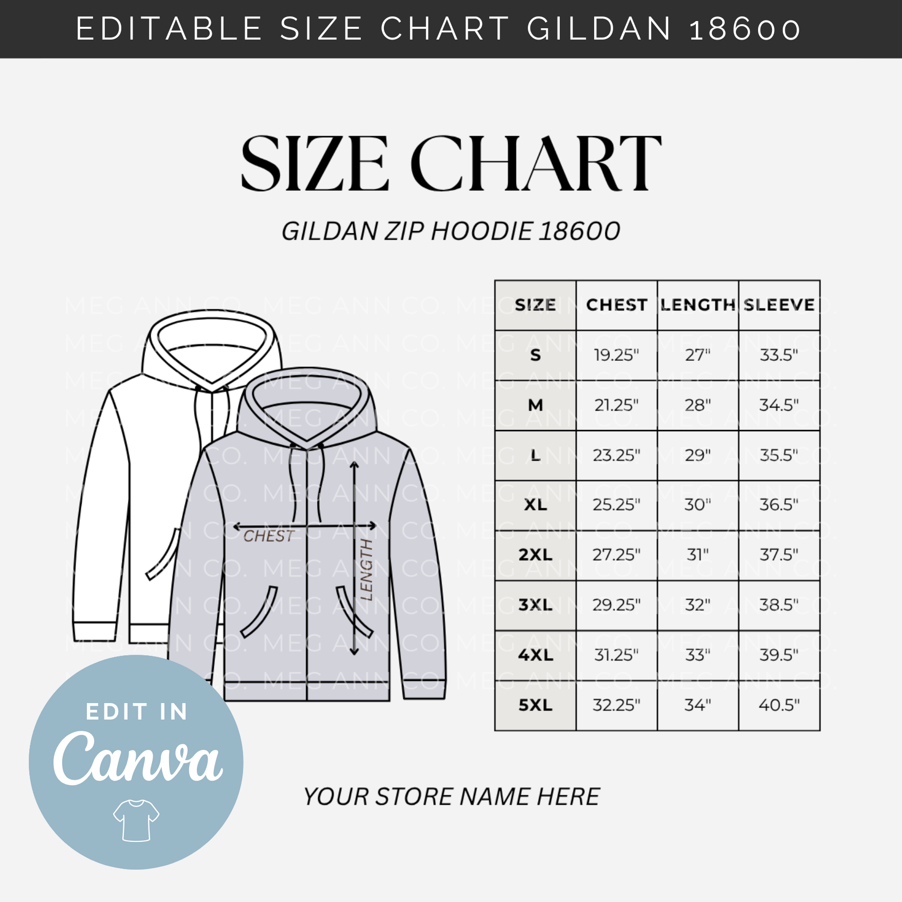 Editable Size Chart Gildan Zip Hoodie 18600 – Meg Ann Co.
